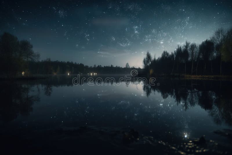 A Lake at Night with a Lot of Stars in the Sky Stock Illustration ...