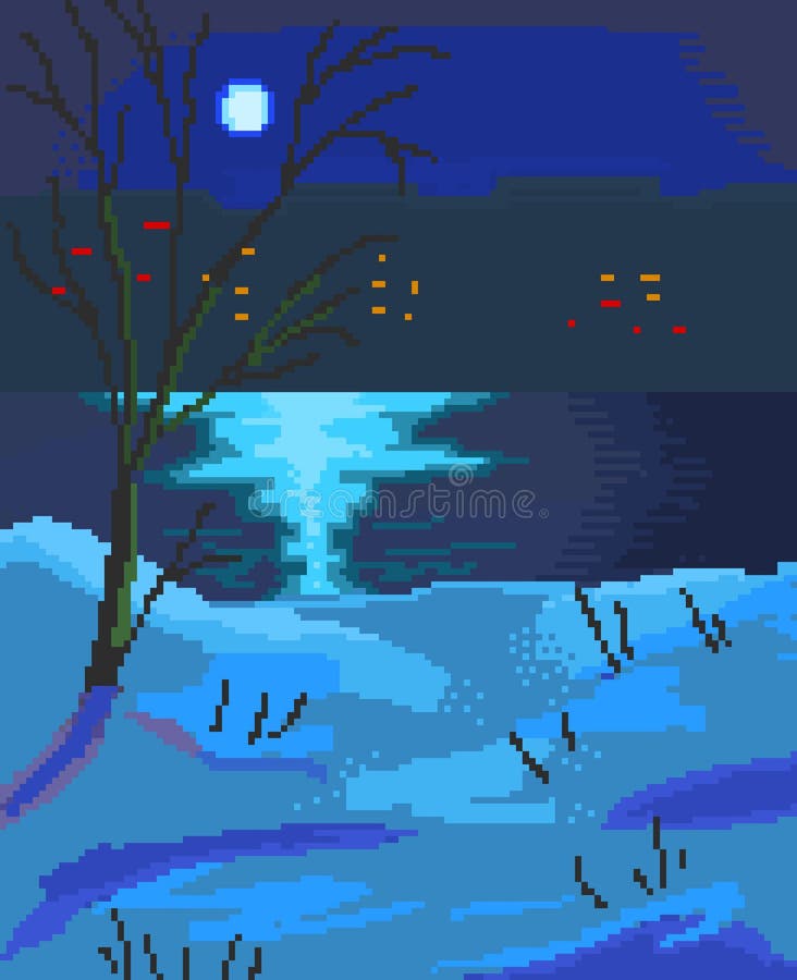 Lake at night, pixel art stock illustration. Illustration of graphic ...