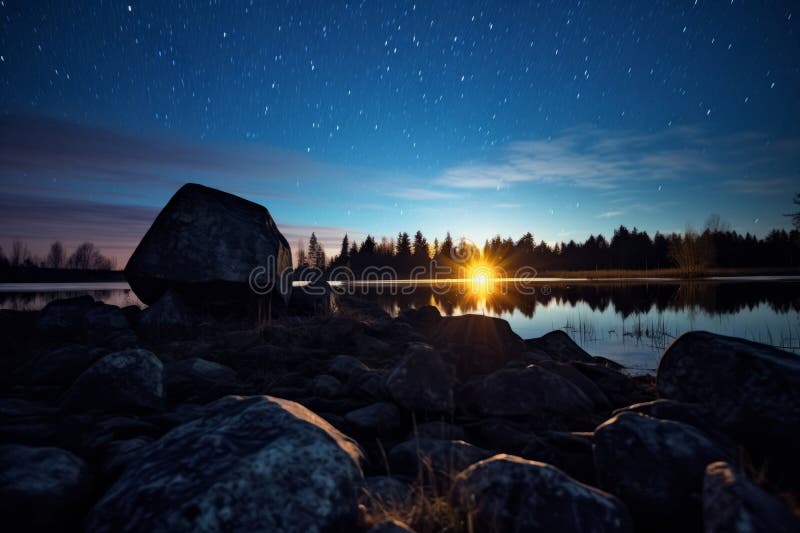A Lake at Night with Rocks and Stars in the Sky Stock Illustration ...