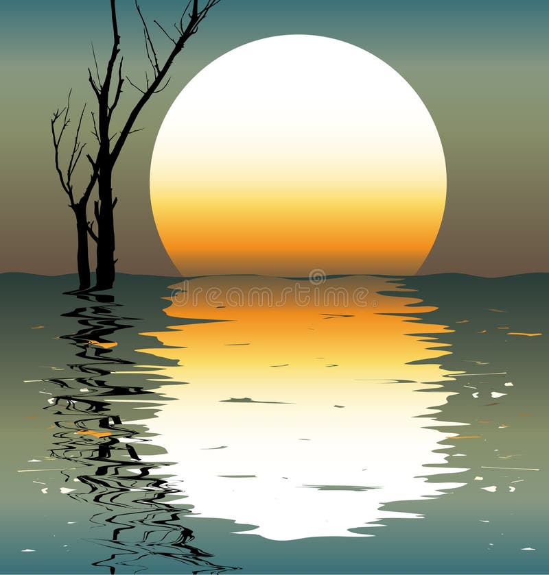 Lake Night Scene with Grass Silhouette Stock Vector - Illustration of ...