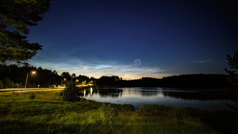 Lake at Night, Sky with Stars, Reflection in Water, Noctilucent Clouds ...