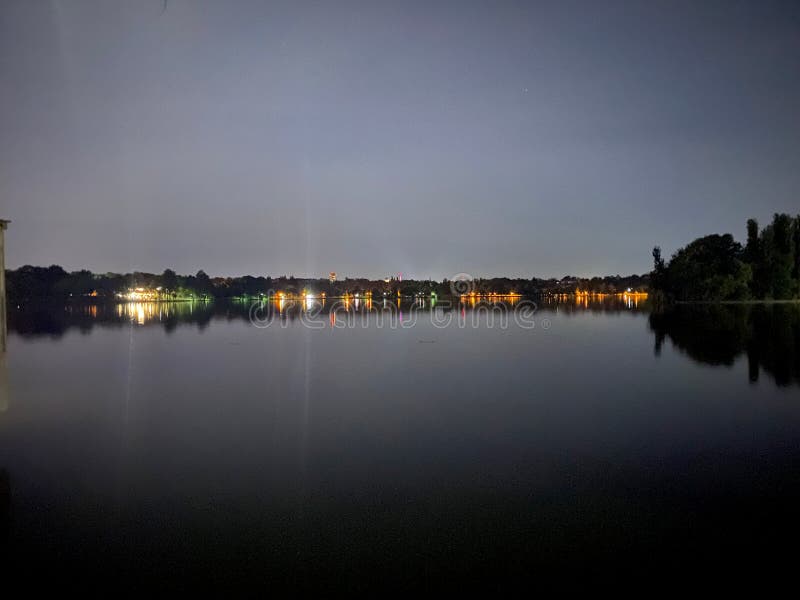 Lake Night View with Lights Reflection on Stock Photo - Image of life ...