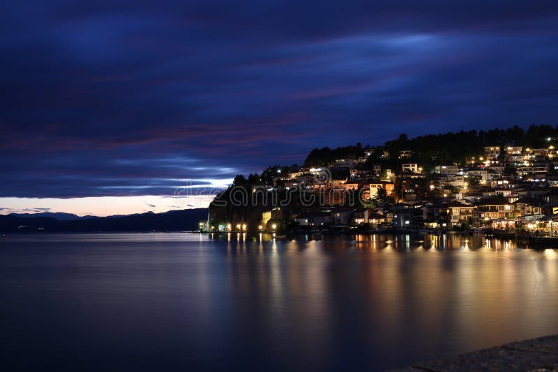 Ohrid, Macedonia at night stock image. Image of coast - 155732631