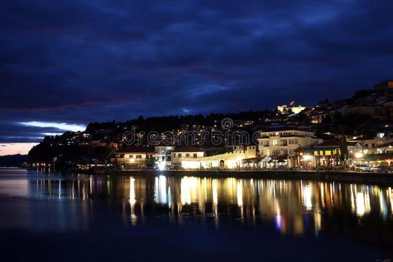 Lake Ohrid at night stock photo. Image of peaceful, night - 115207884