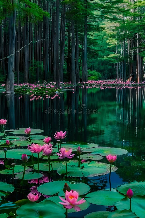 A Lake with Pink Lotus Flowers and Trees Stock Image - Image of ...