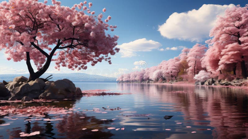 A Lake with Pink Trees and Blue Sky. Generative AI. Stock Illustration ...