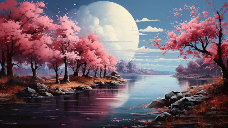 A Lake with Pink Trees and Blue Sky. Generative AI. Stock Illustration ...