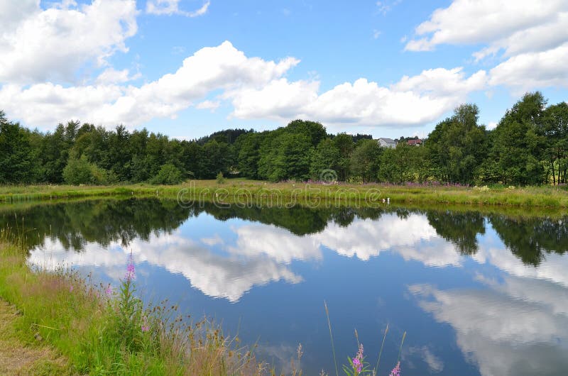 Lake reflection blue sky stock photo. Image of trees - 30388326