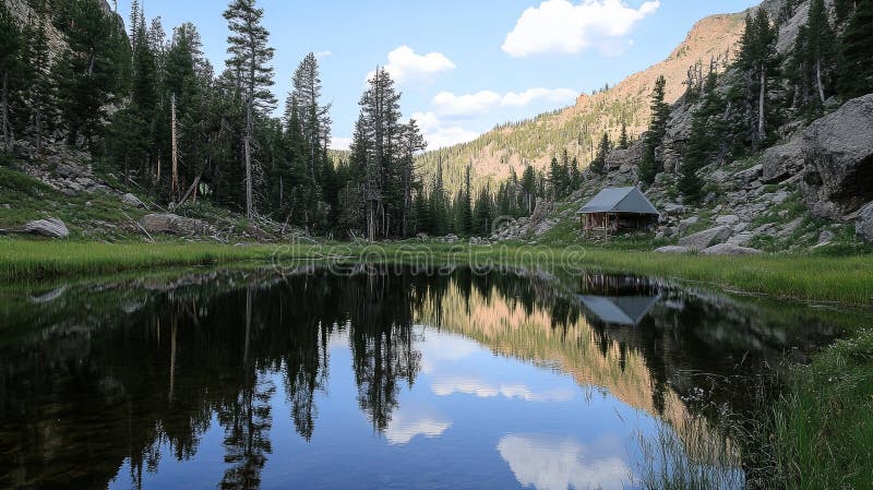 Lake Reflection, Wild Nature, Tiny Camp Visible . Stock Image - Image ...