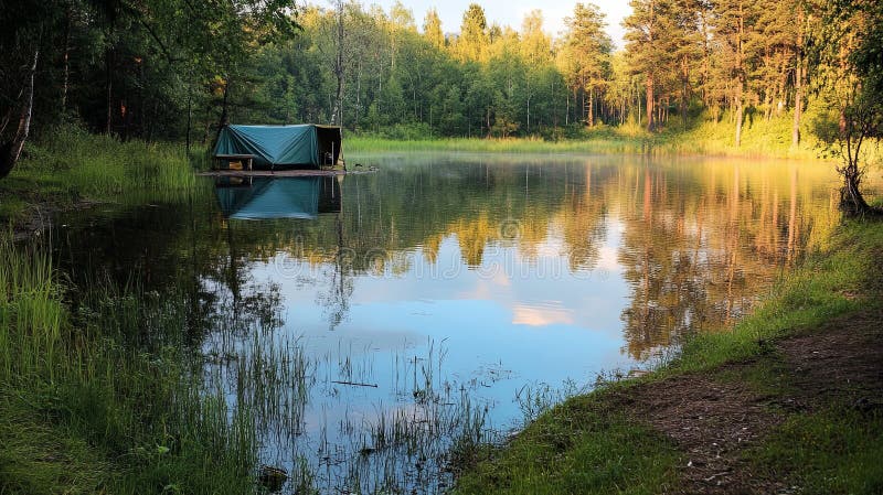 Lake Reflection, Wild Nature, Tiny Camp Visible . Stock Photo - Image ...
