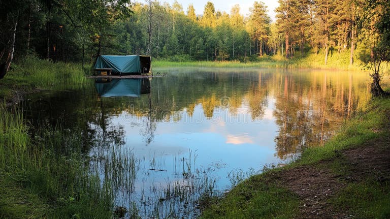Lake Reflection, Wild Nature, Tiny Camp Visible . Stock Photo - Image ...