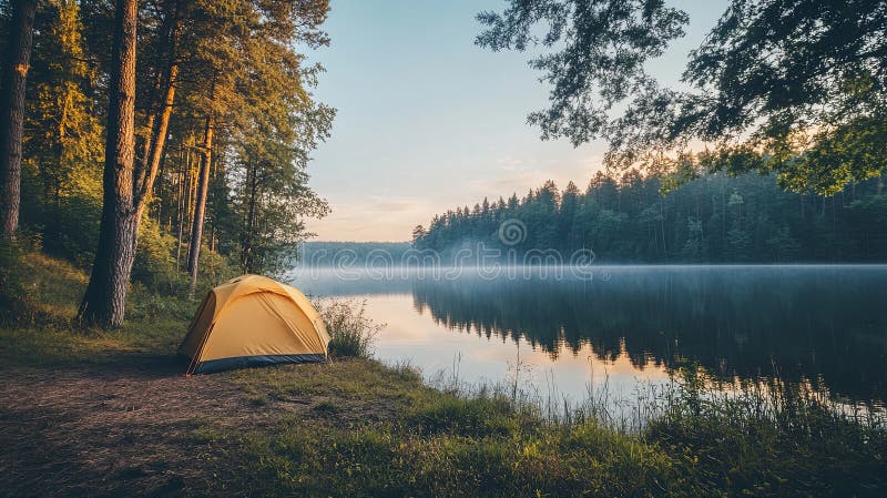 Lake Reflection, Wild Nature, Tiny Camp Visible . Stock Image - Image ...