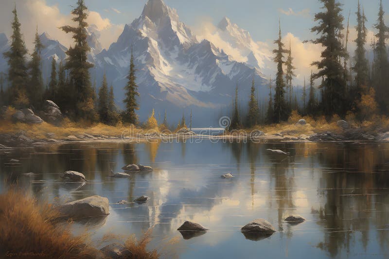 Lake Reflections, Mountains and Lake Landscape Stock Illustration ...