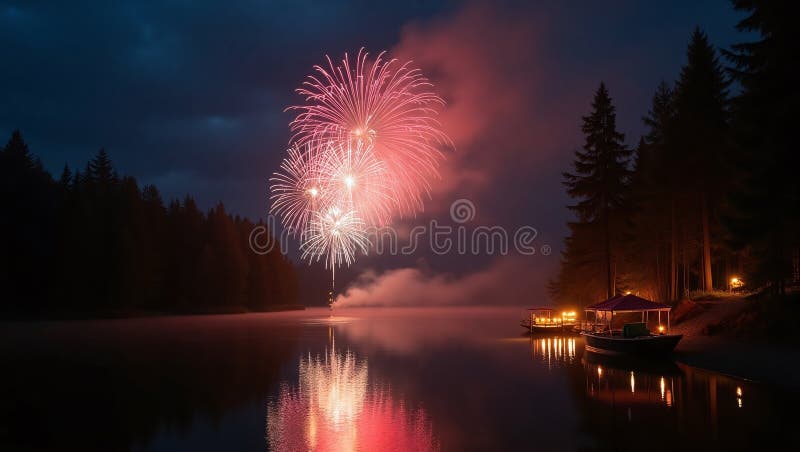 Lake Reflections with Nighttime Fireworks Display Over Water Stock ...