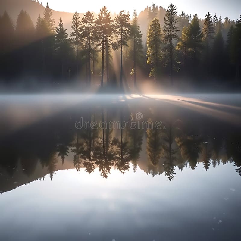 Lake Reflections of Pine Trees in Morning Stock Illustration ...
