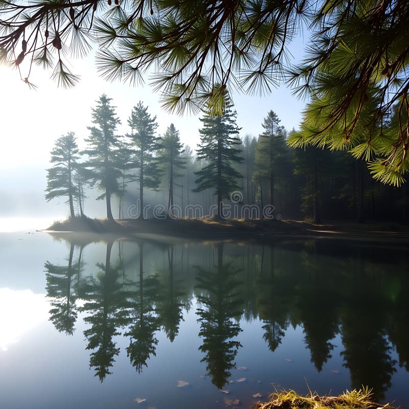Lake Reflections of Pine Trees in Morning Stock Illustration ...