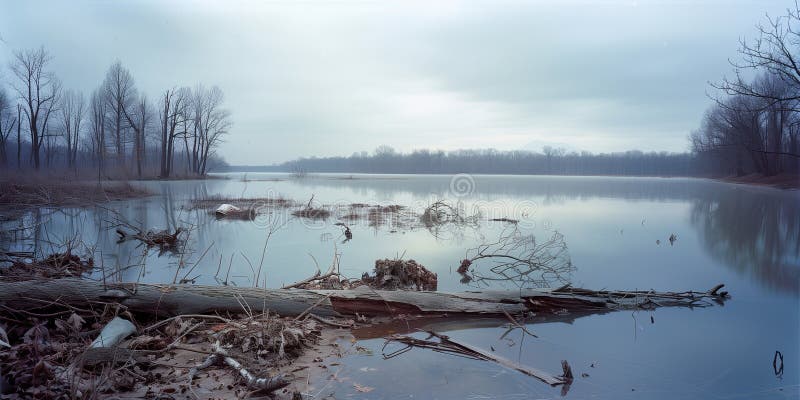 Lake or River Old Tree and Calm Water in Smooth Evening Violet Light ...