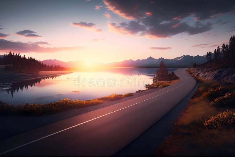 Lake and Road Landscape Sunset. Generative Ai Stock Illustration ...