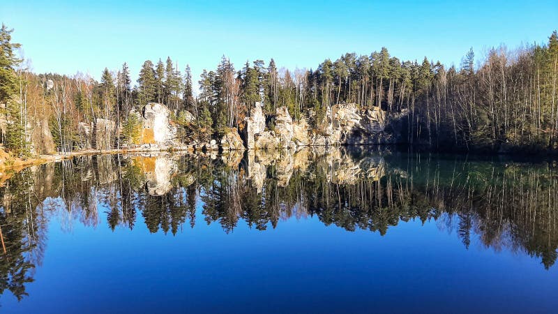 A Lake of a Rock City with a Reflection in the Water of a Wall of Trees ...
