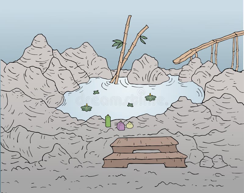 Lake in rocks illustration stock vector. Illustration of stone - 143308780