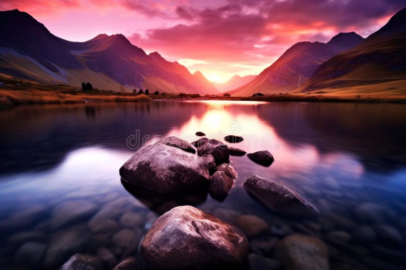 A Lake with Rocks and Mountains in the Background Stock Illustration ...