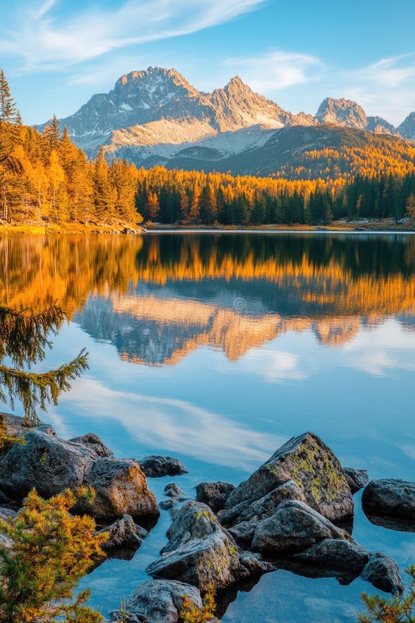 Lake with Rocks and Trees stock image. Image of generated - 378117331