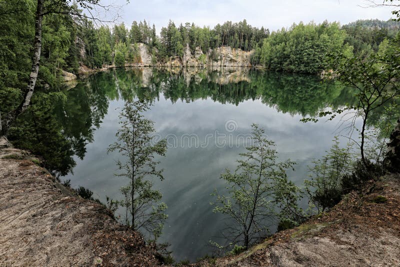 Lake between Sandy Rocks Covered by Forest Stock Image - Image of clean ...