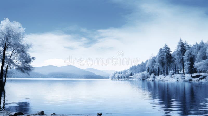 Lake Scene in Blue and White Contrast Stock Illustration - Illustration ...