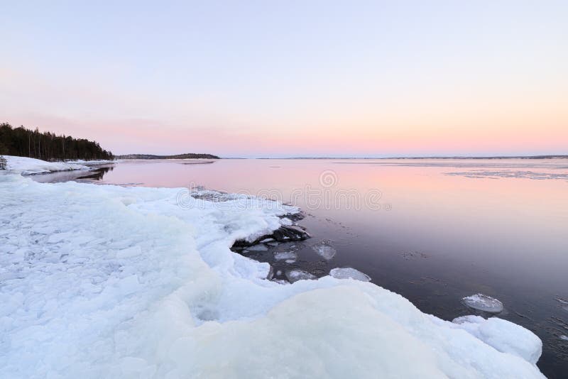 Lake Scenery at Dusk Winter in Finland Stock Image - Image of rock ...