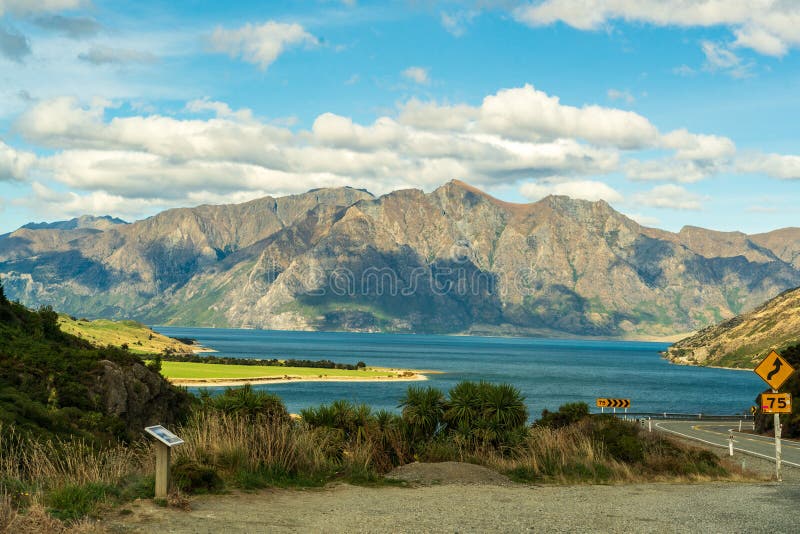 The Mountains Along Both Sides of Lake Hawea Near Wanaka Stock Image ...