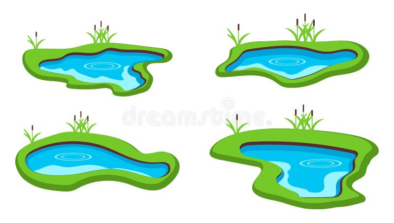 Lake, Set of Realistic Cartoon Lakes in White Outline. Vector ...