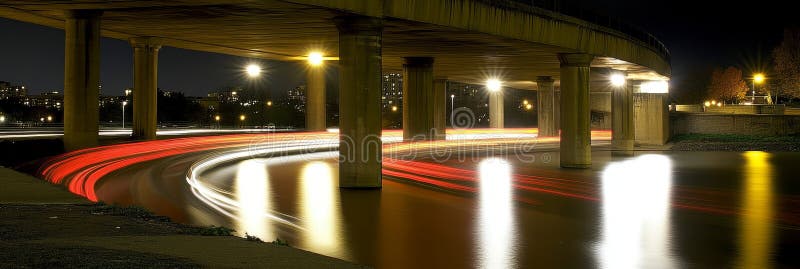 Lake Shore Drive at Night with Car Lights Passing Under Bridge Stock ...