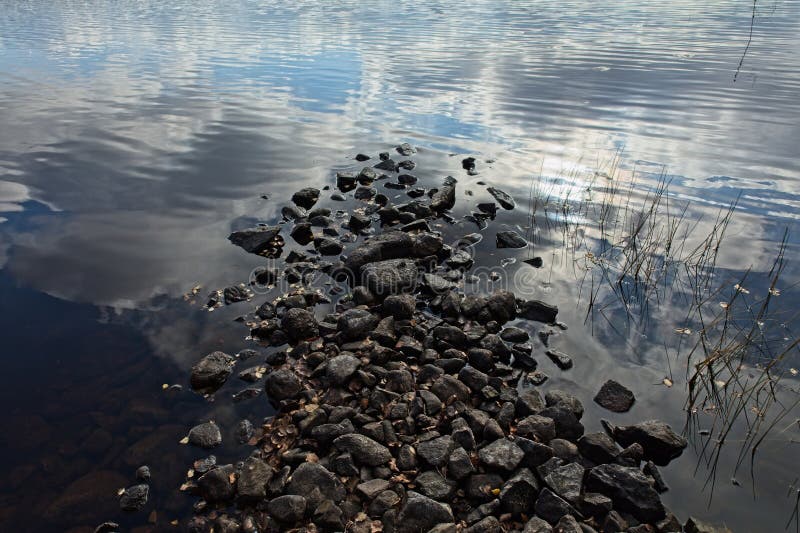 Lake shore with rocks. stock image. Image of lake, reflection - 303108849