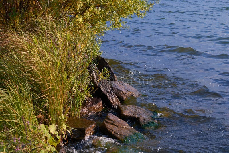 Lake Shore at Sunset with Rocks and Waves. Stock Image - Image of bank ...