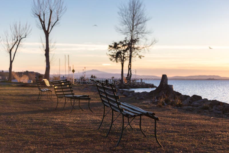 Lake shore at sunset stock photo. Image of bench, calm - 100242438