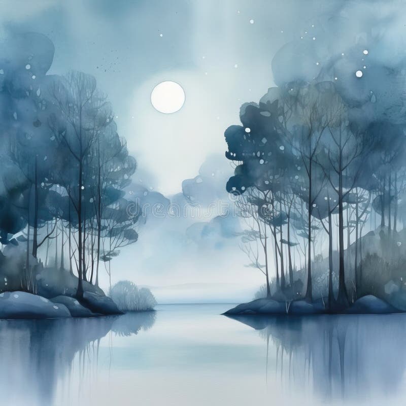 Lake Shrouded in Mist with Eerie Blue Glow Stock Illustration ...