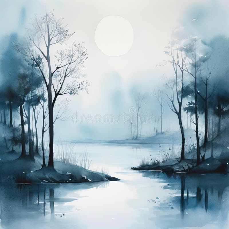Lake Shrouded in Mist with Eerie Blue Glow Stock Illustration ...