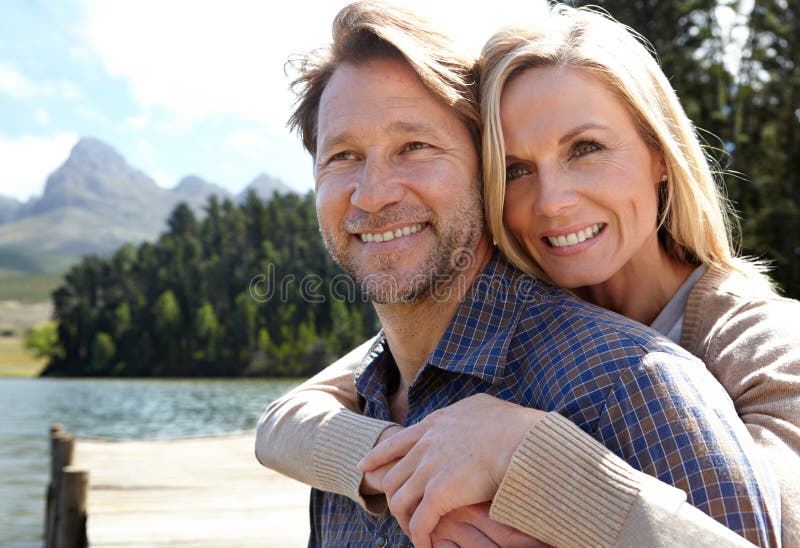 Lake Smile And Couple By Forest In Summer For Weekend Adventure