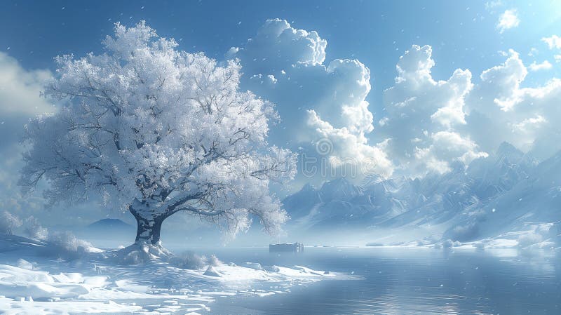 Lake, Snowy Tree, Mountains Behind Stock Illustration - Illustration of ...