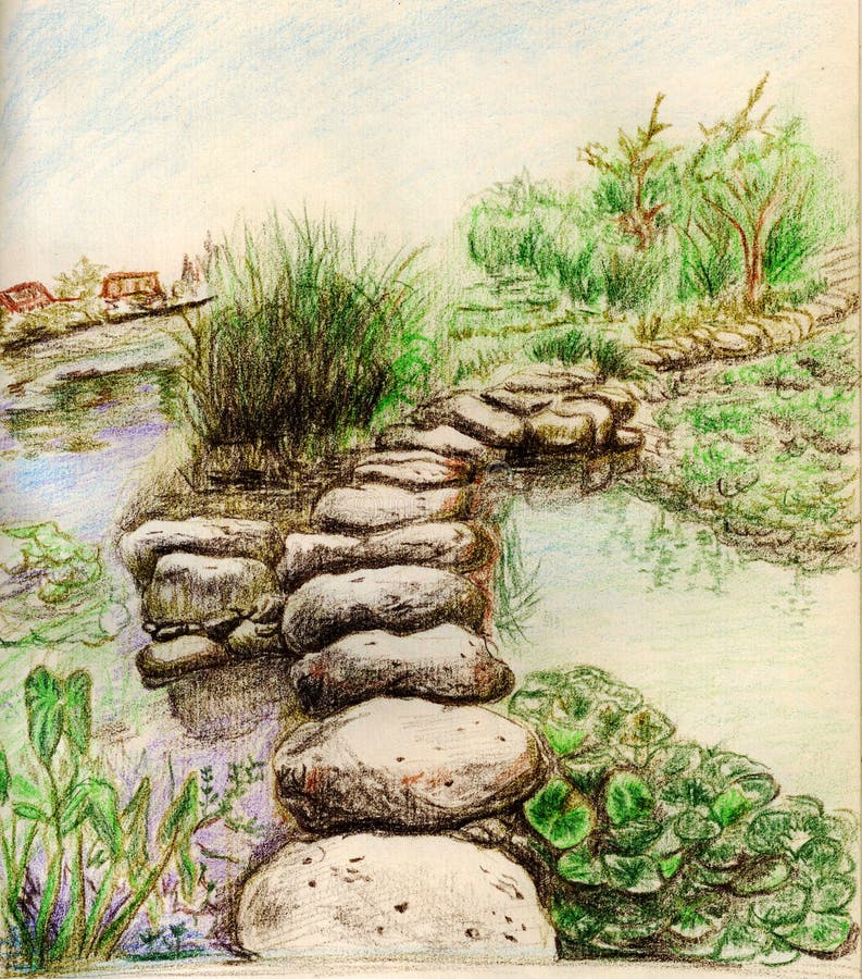 Lake and stone road stock illustration. Illustration of enchanted ...