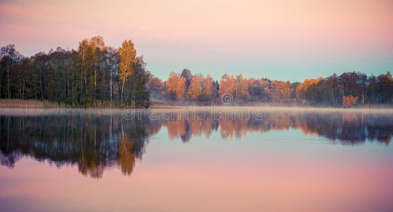 Lake at sunrise in fall stock image. Image of reflection - 61763345