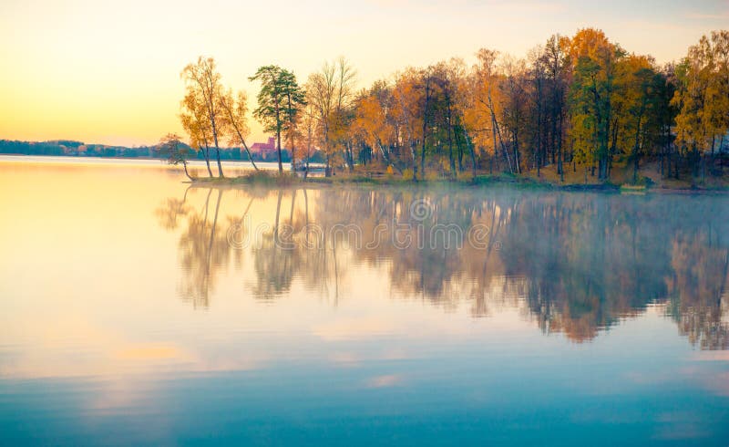Lake at sunrise in fall stock image. Image of pond, autumn - 67765833