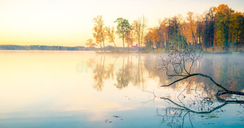 Lake at sunrise in fall stock image. Image of foliage - 67765839