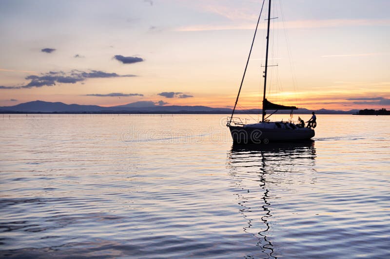 Lake at sunset stock photo. Image of sport, ship, atmosphere - 46092090