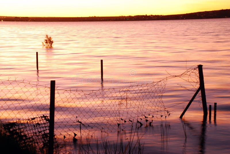 Lake Sunset, Submerged Fence Picture. Image: 2891429