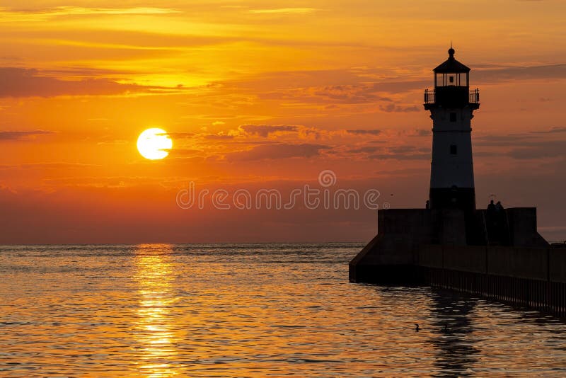 Lake Superior Breakwater Lighthouse at Sunrise Stock Image - Image of ...