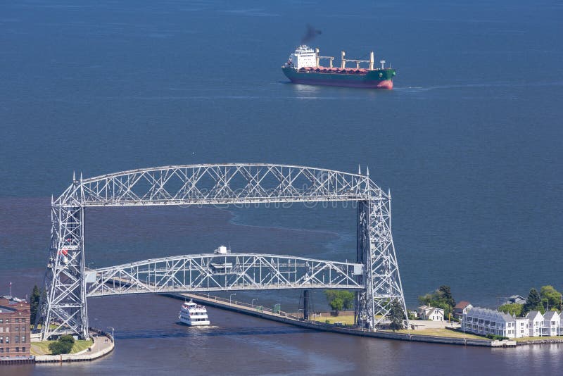 Lake Superior Lift Bridge and Ship Stock Photo - Image of lake, boat ...