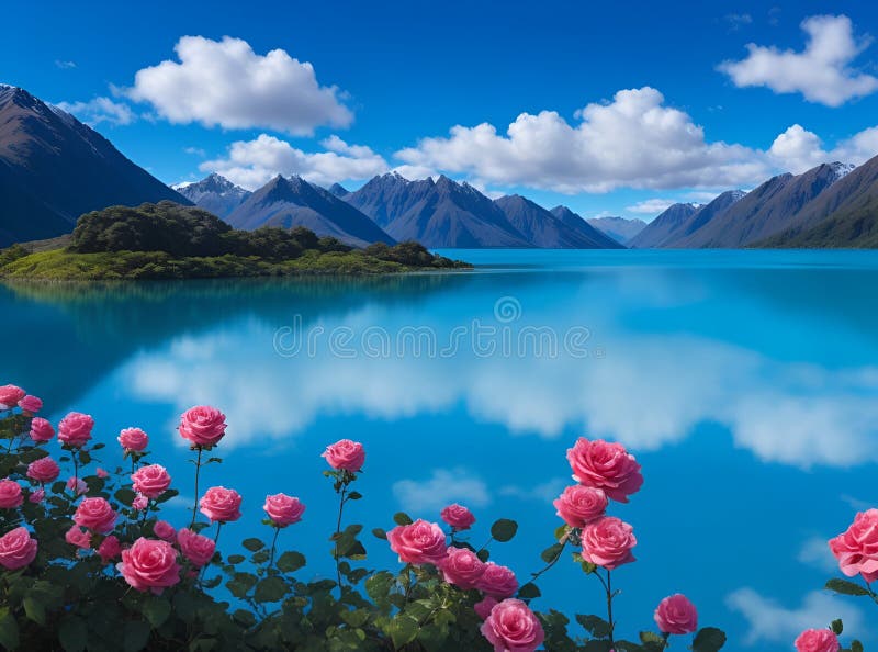 A Lake Surrounded by Beautiful Roses with Beautiful Mountains in View ...