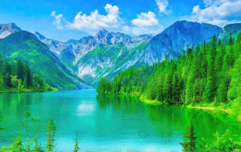 The Lake is Surrounded by Forest and Mountains Stock Illustration ...