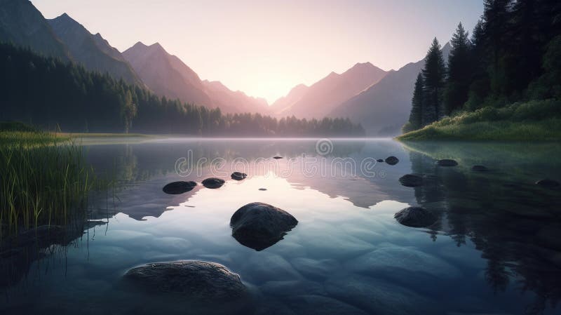 A Lake Surrounded by Mountains with Rocks in the Foreground Stock ...